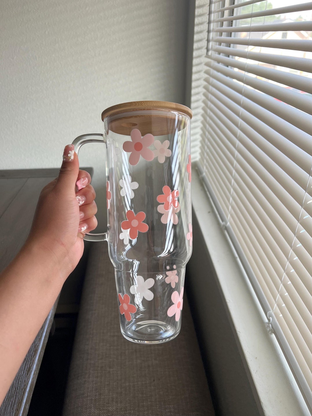 Flower Glass Cup, Large Glass With Handle & Lid and Straw, Pink Daisies ...