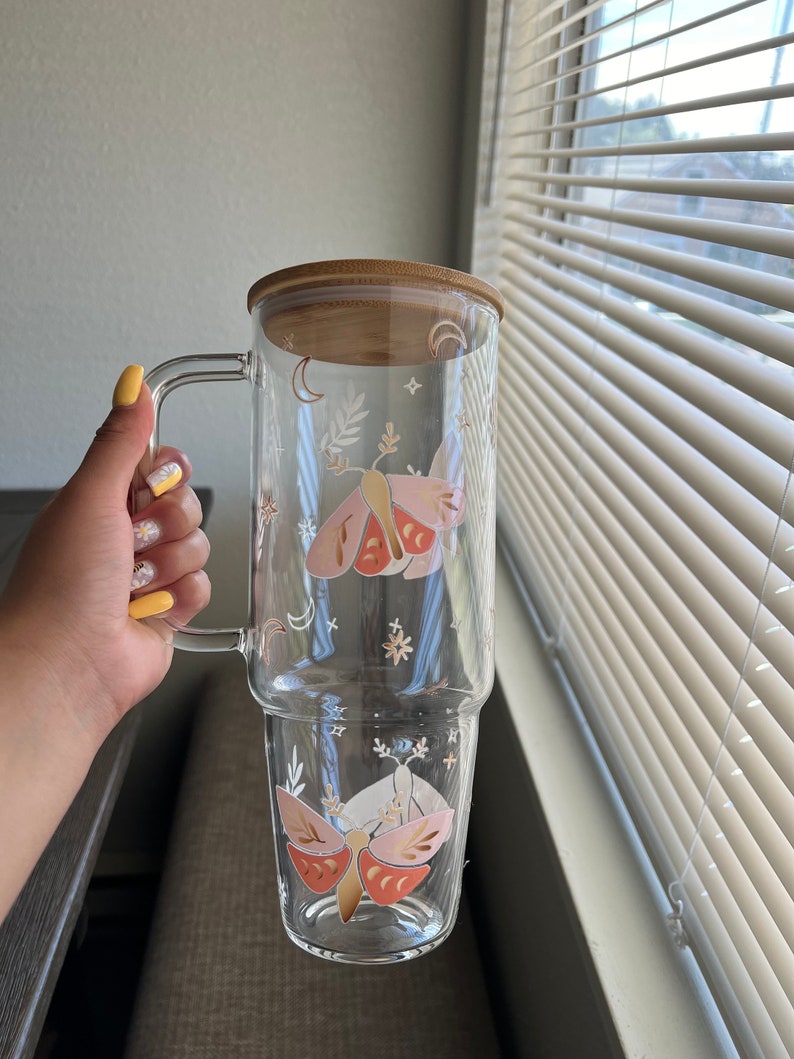 Butterfly Glass Cup, Large Glass With Handle, Summer Butterflies With ...