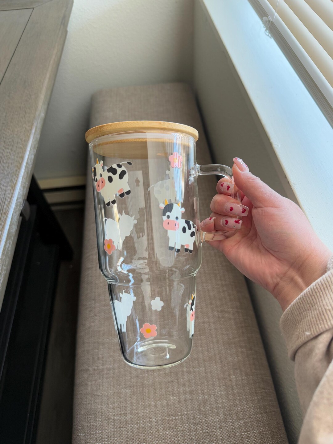 Cow Glass Cup, Large Glass With Handle & Lid and Straw, Pink Cow ...