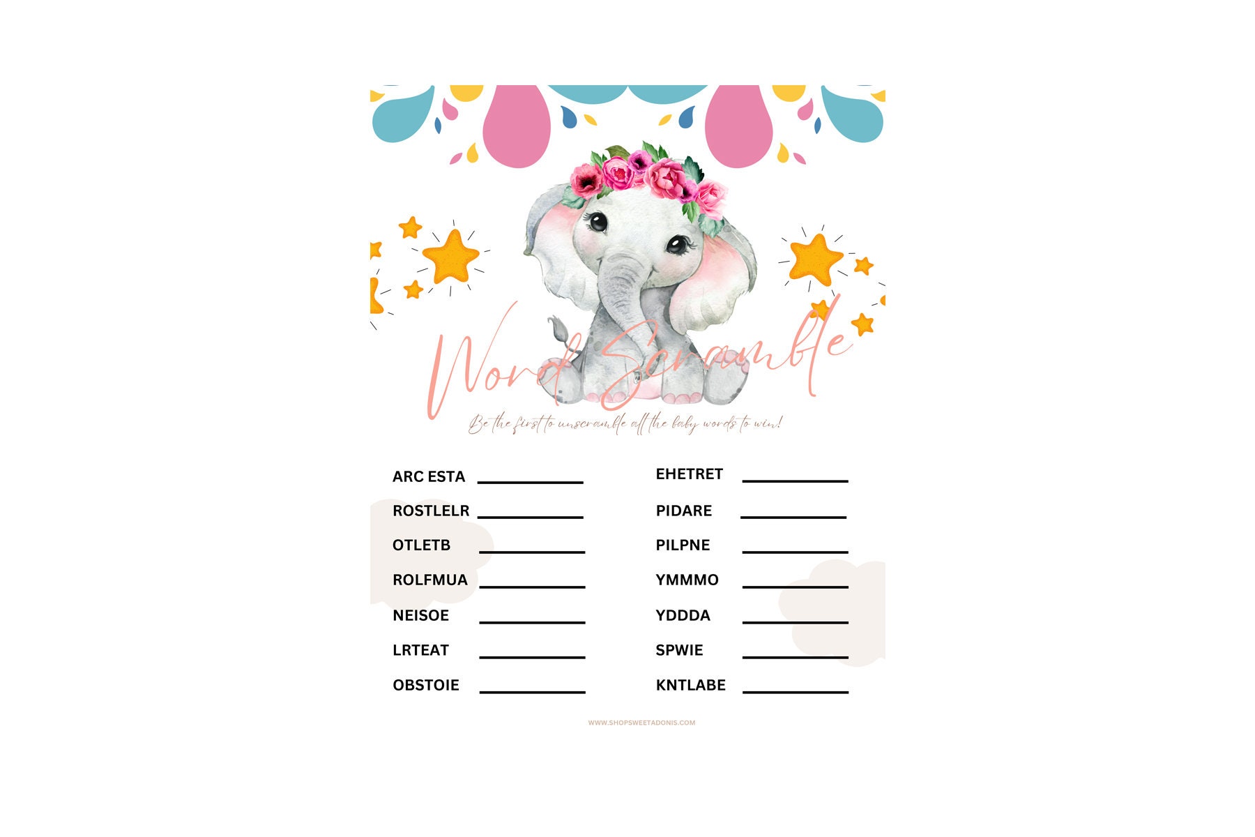 Printable Girl Elephant Themed Word Scramble - Etsy