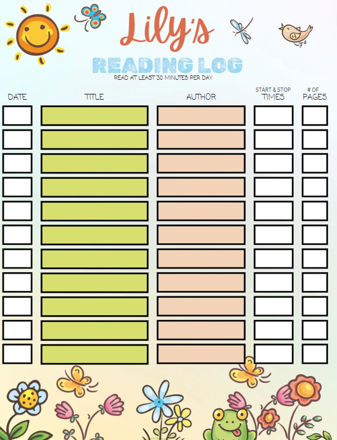Sunshine Personalize & Print Reading Log - Etsy
