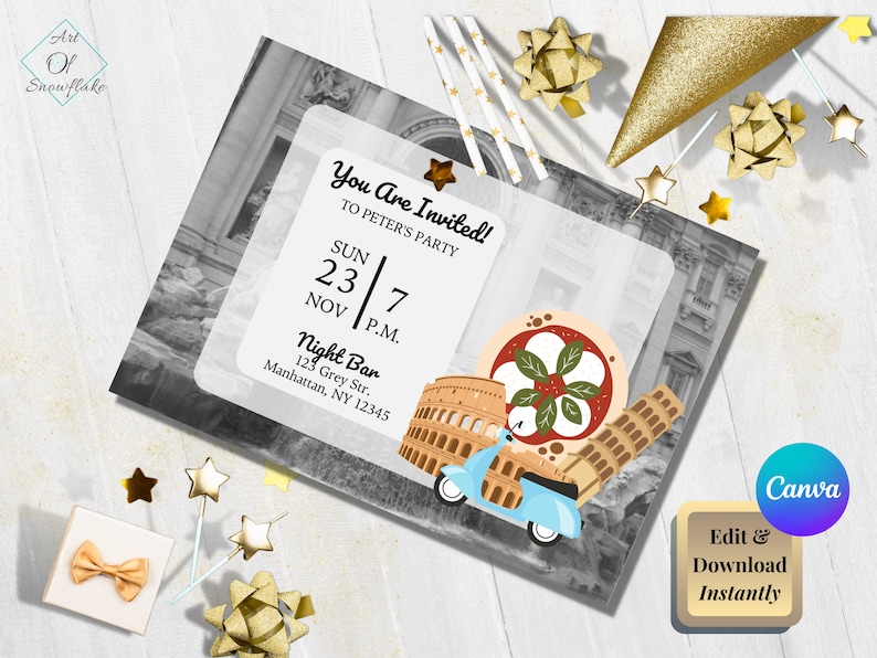 Party Invitation Canva Template | Bring a Taste of Rome & Italy to Your ...