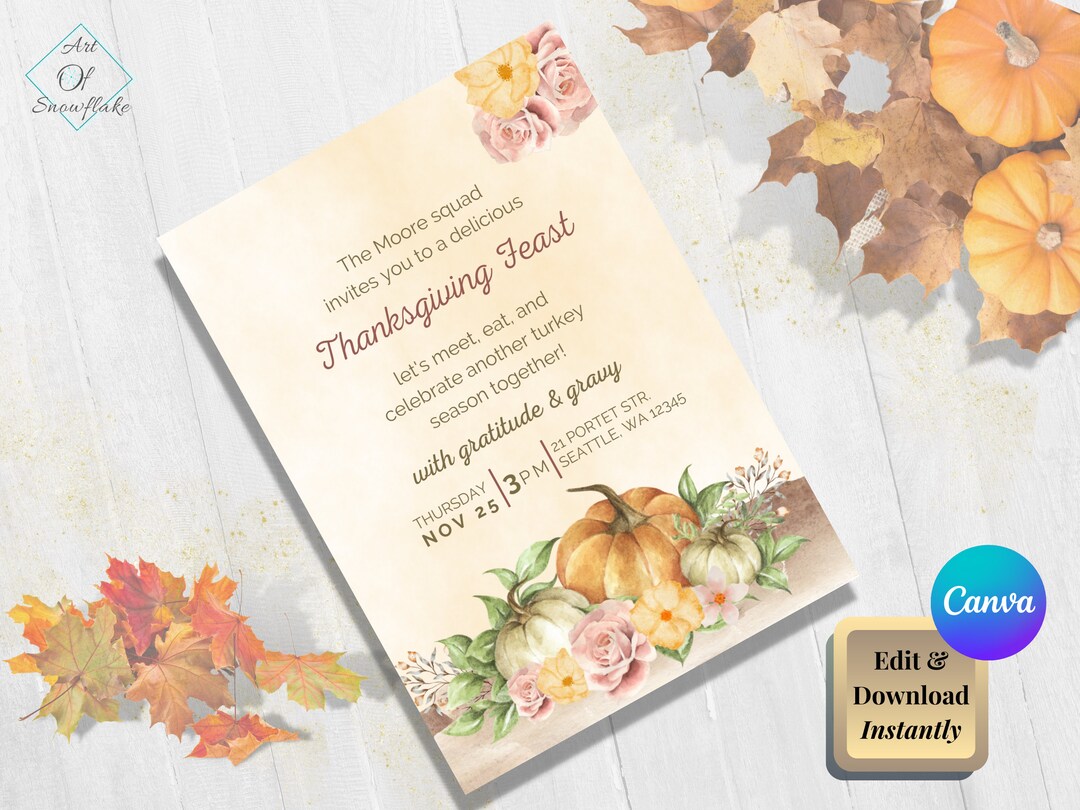 Thanksgiving Invitation Template Canva | Pumpkins & Roses Invitation ...
