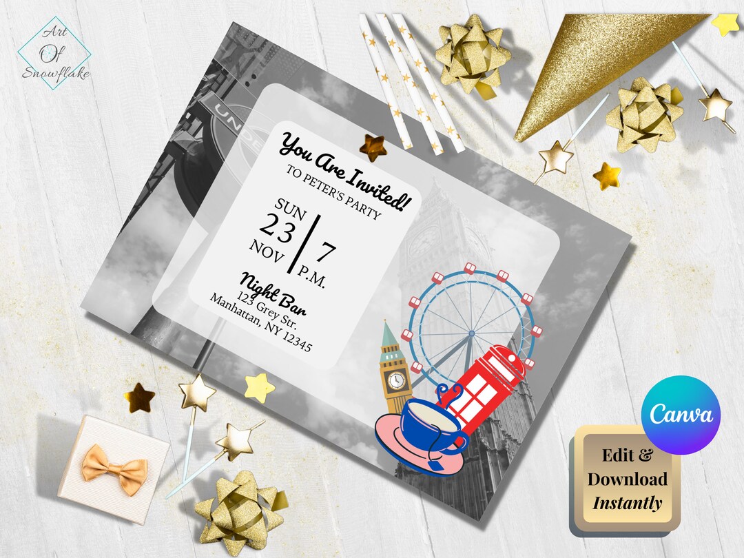 Party Invitation Canva Template | Bring a Taste of London to Your Party ...
