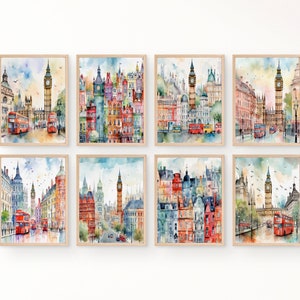 London Prints, Set of 8 Watercolor Digital Prints, England Art, Travel ...