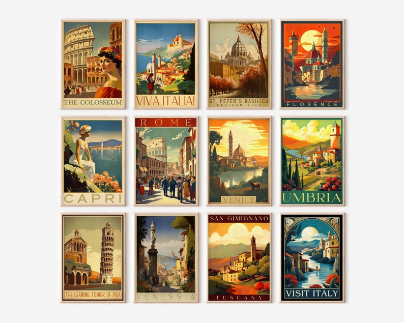 Vintage Travel Posters, Italy Art, Set of 12 Digital Prints, Travel ...