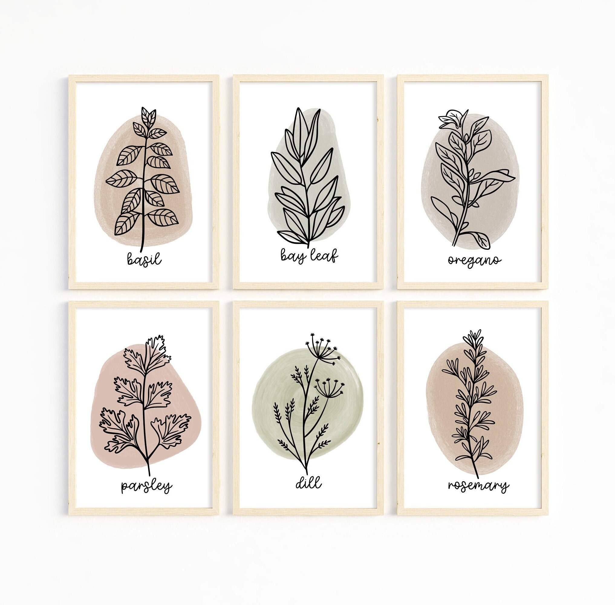 Kitchen Herbs Line Art, Set of 6 Abstract Kitchen Art, Printable ...