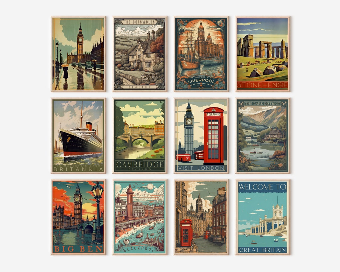 Vintage Travel Posters, Great Britain Art, Set of 12 Digital Prints ...