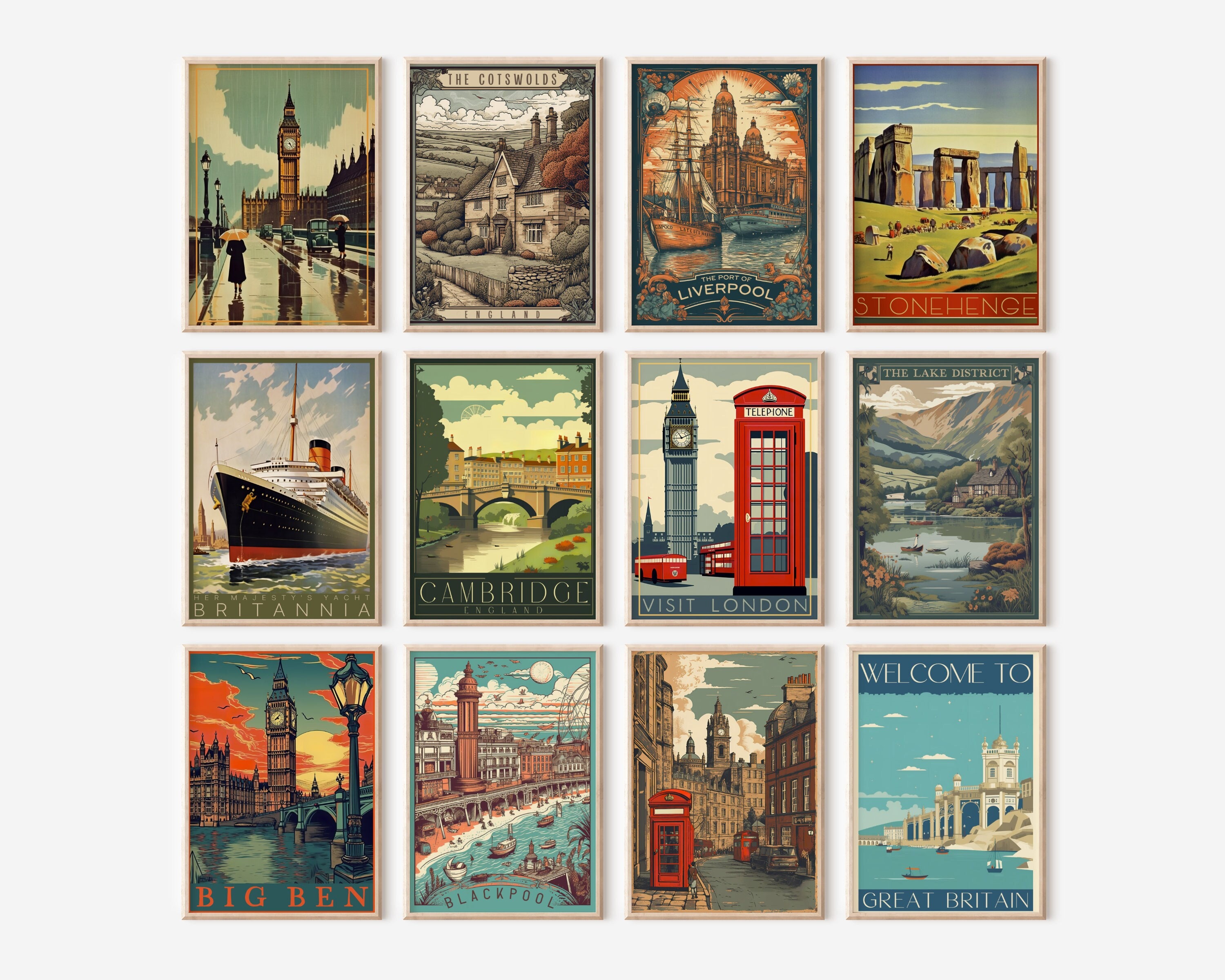 Vintage Travel Posters, Great Britain Art, Set of 12 Digital Prints ...
