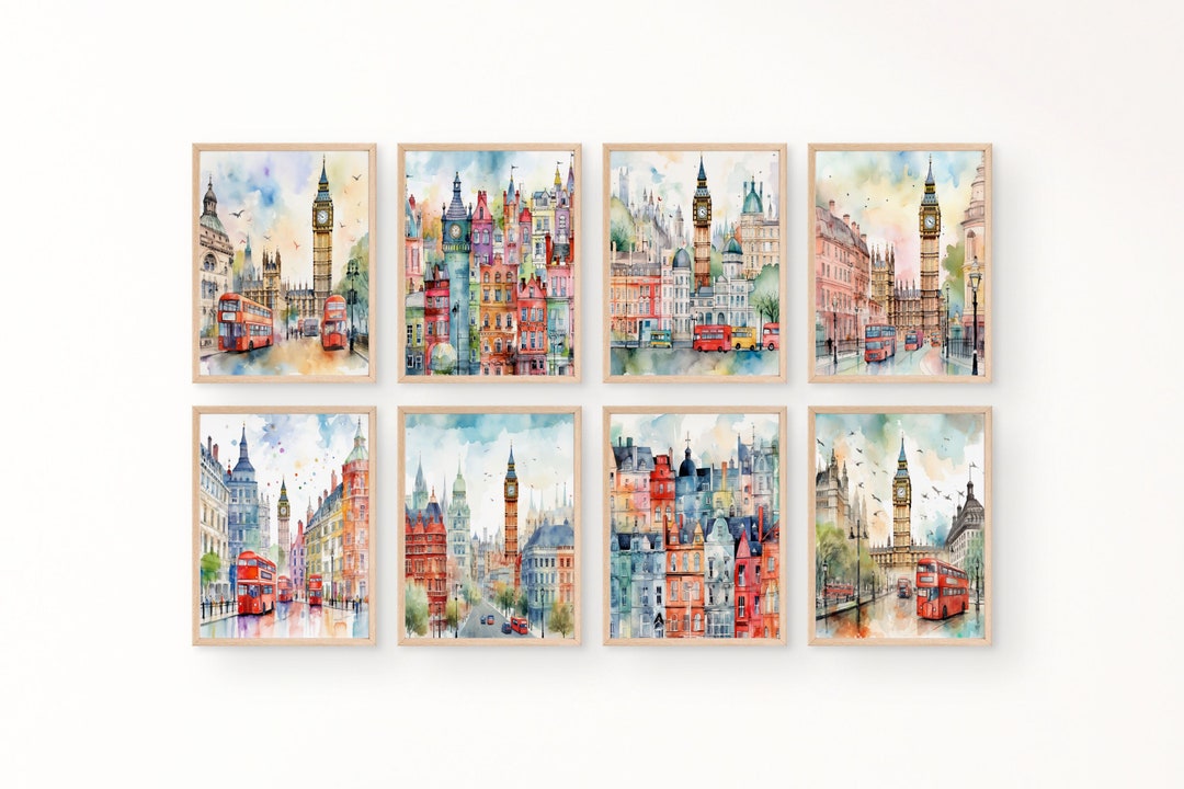 London Prints, Set of 8 Watercolor Digital Prints, England Art, Travel ...