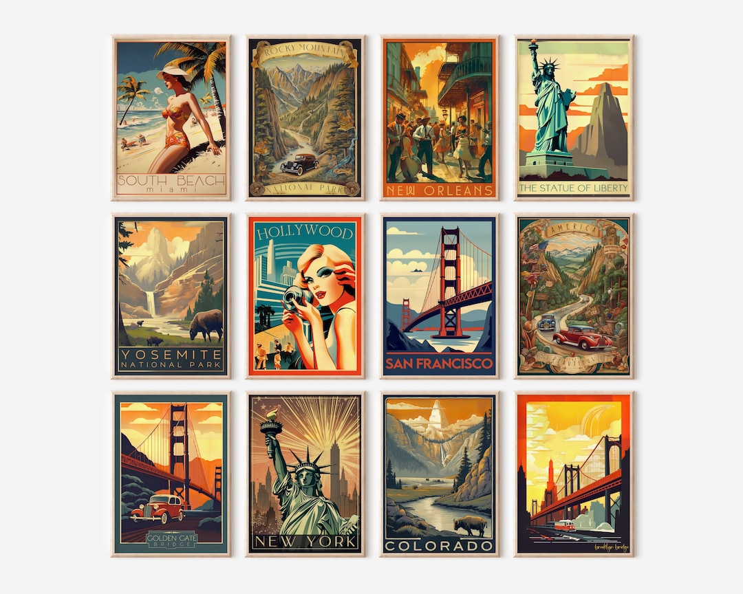Vintage Travel Prints, United States Travel, Set of 12, Digital ...