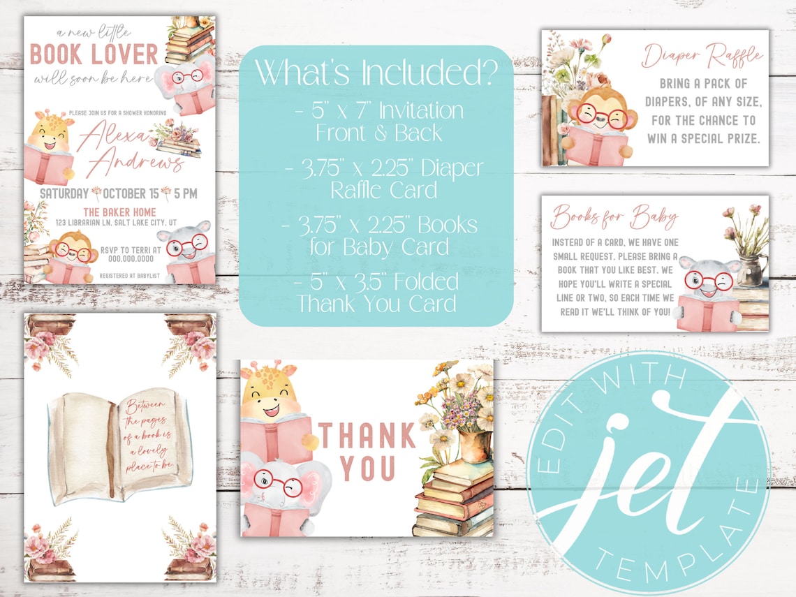 Book Themed Baby Shower Invitation Bundle, Editable Baby Shower Invite ...