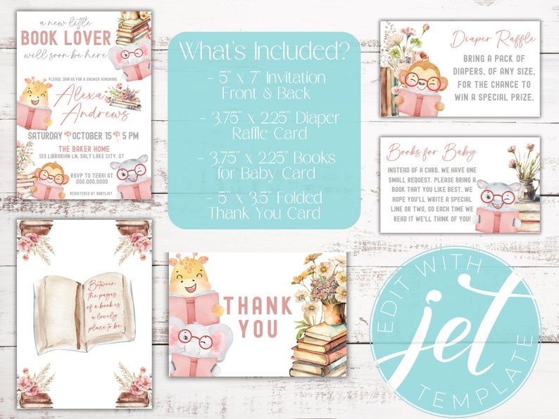 Book Themed Baby Shower Invitation Bundle, Editable Baby Shower Invite ...