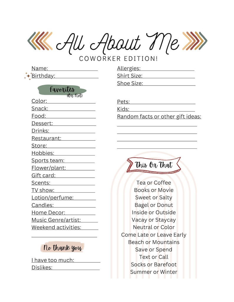 Coworker Icebreaker: All About Me Edition (PDF Download) - Etsy