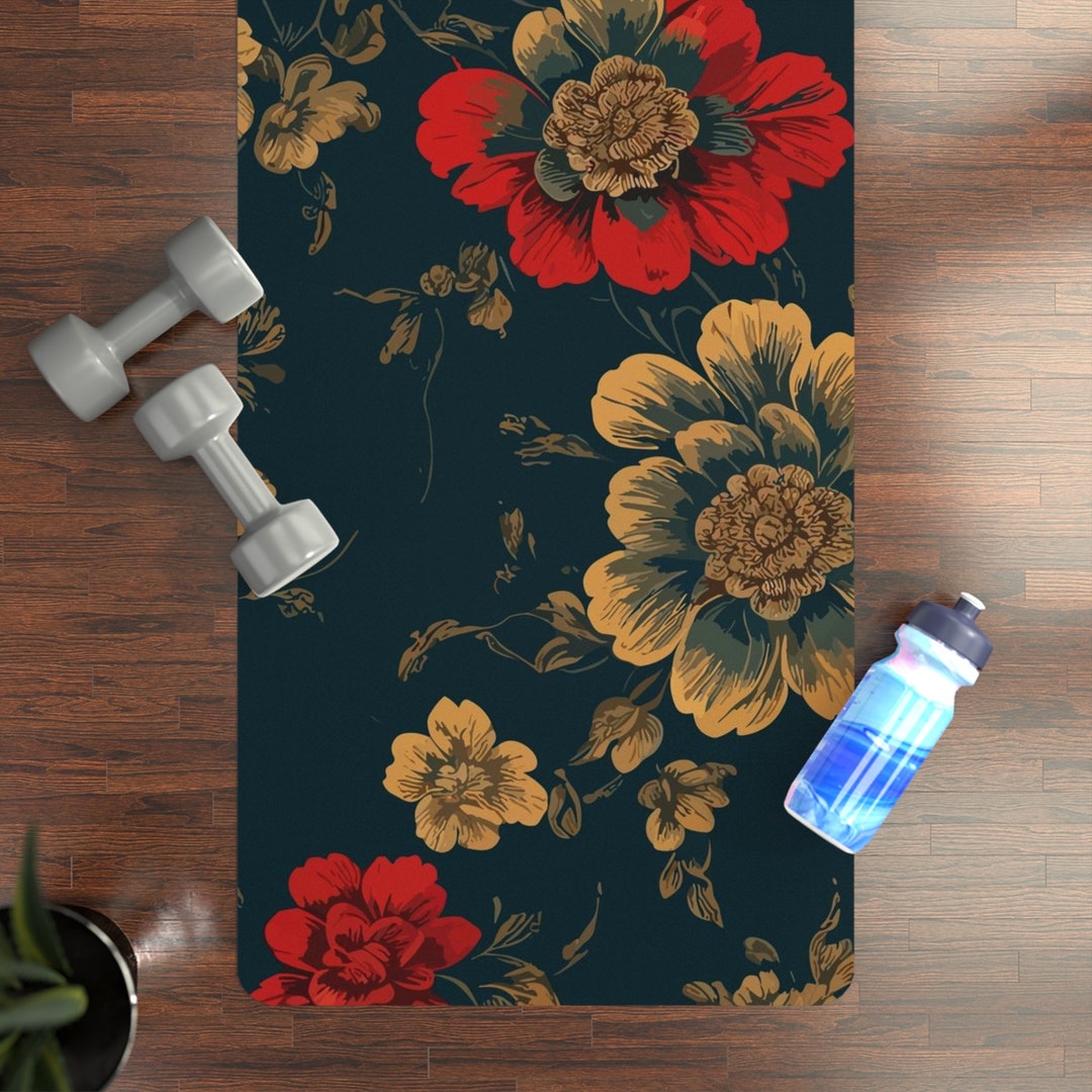 Red and Gold Floral, Rubber Yoga Mat - Etsy