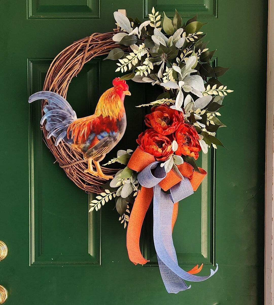 Rooster and Lamb's Ear Wreath, Wreath With Rooster Sign, Burnt Mandarin ...
