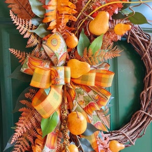 Autumn Pear and Fern Wreath, Rustic Front Door Fall Wreath, Harvest ...