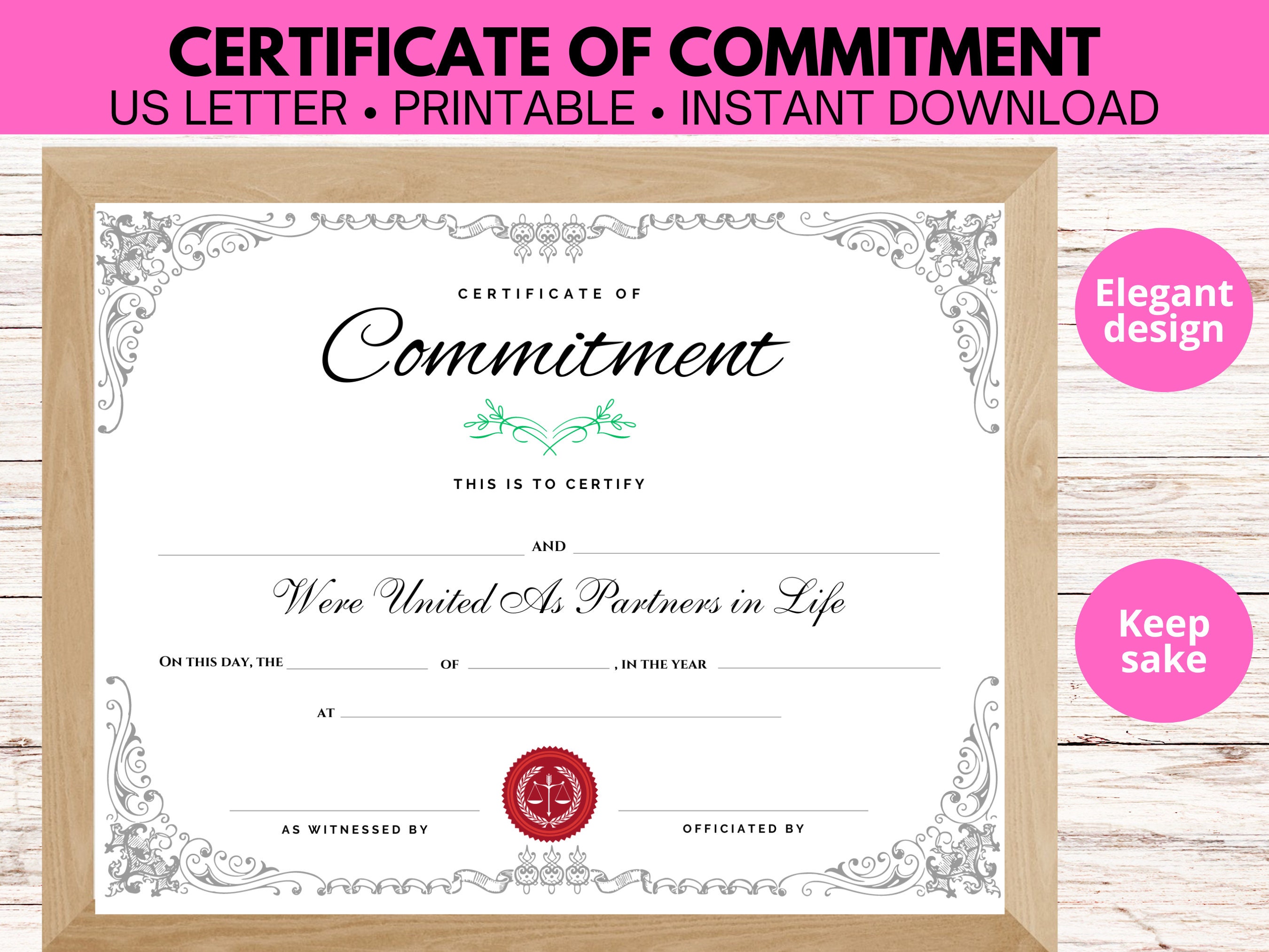 Certificate of Commitment Perfect for Vow Renewal in an Elegant Silver ...