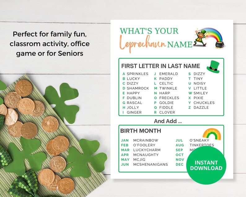 What is Your Leprechaun Name Printable Game, St Paddy's Kids and Adults ...