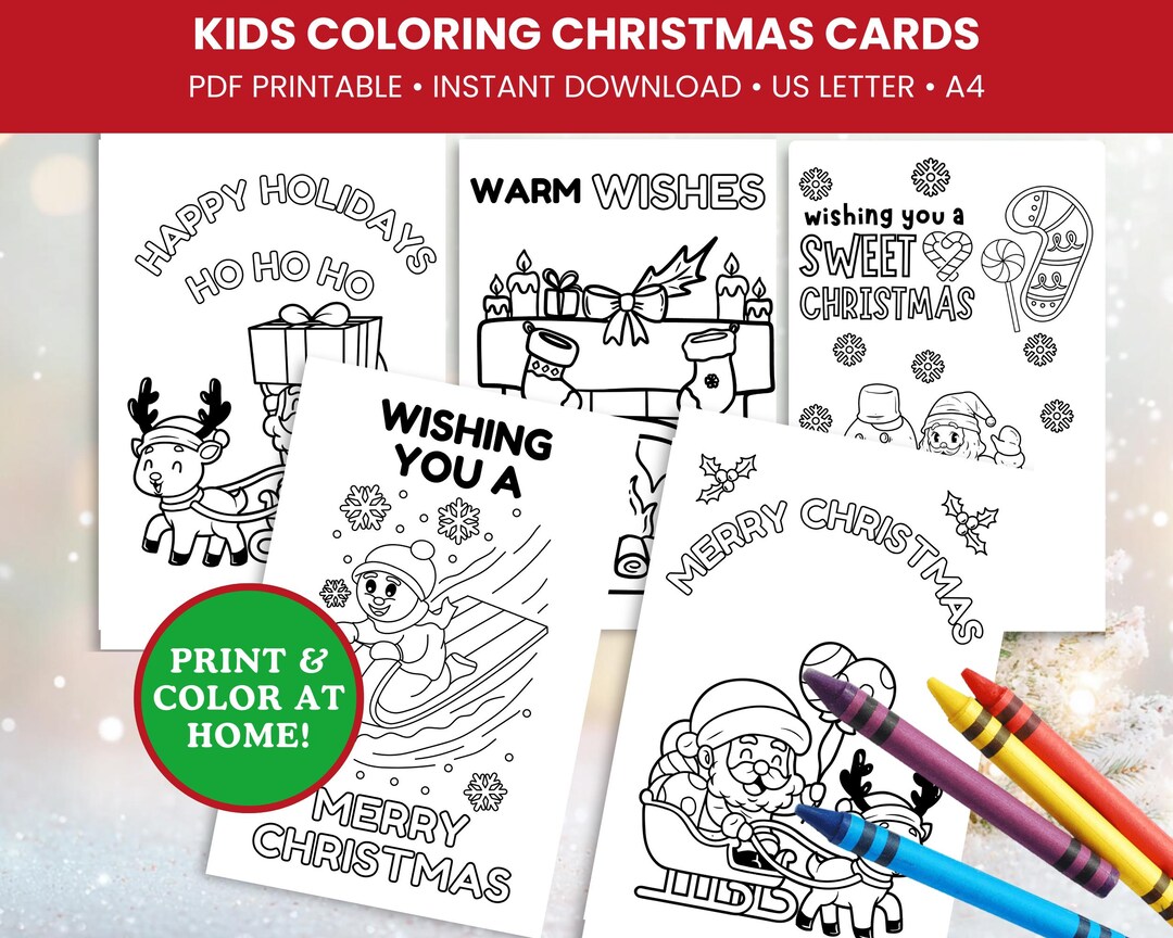 Christmas Coloring Cards for Kids, Printable Holiday Cards Perfect DIY ...