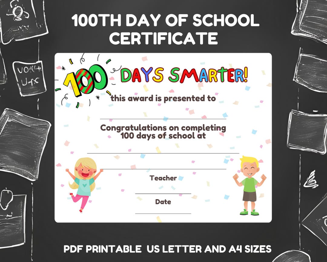 100th Day of School Certificate Template, 100 Day Printable Certificate ...