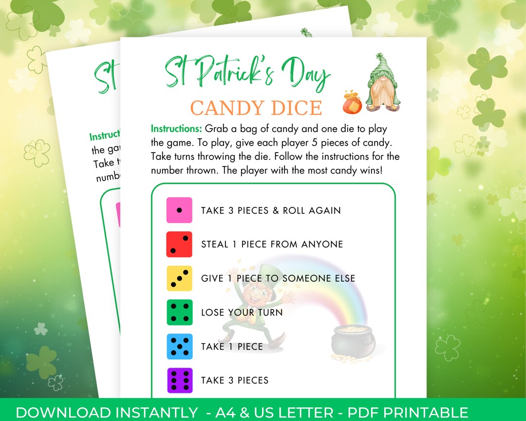 St Patricks Candy Dice Printable Game, St Paddy's Kids and Adults Game ...
