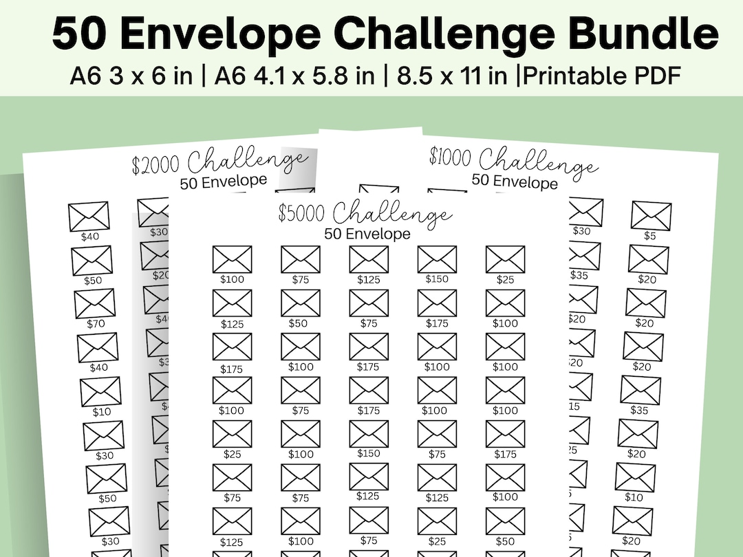 50 Envelope Challenge Bundle Printable, 5000 Savings Challenge, 1000 ...