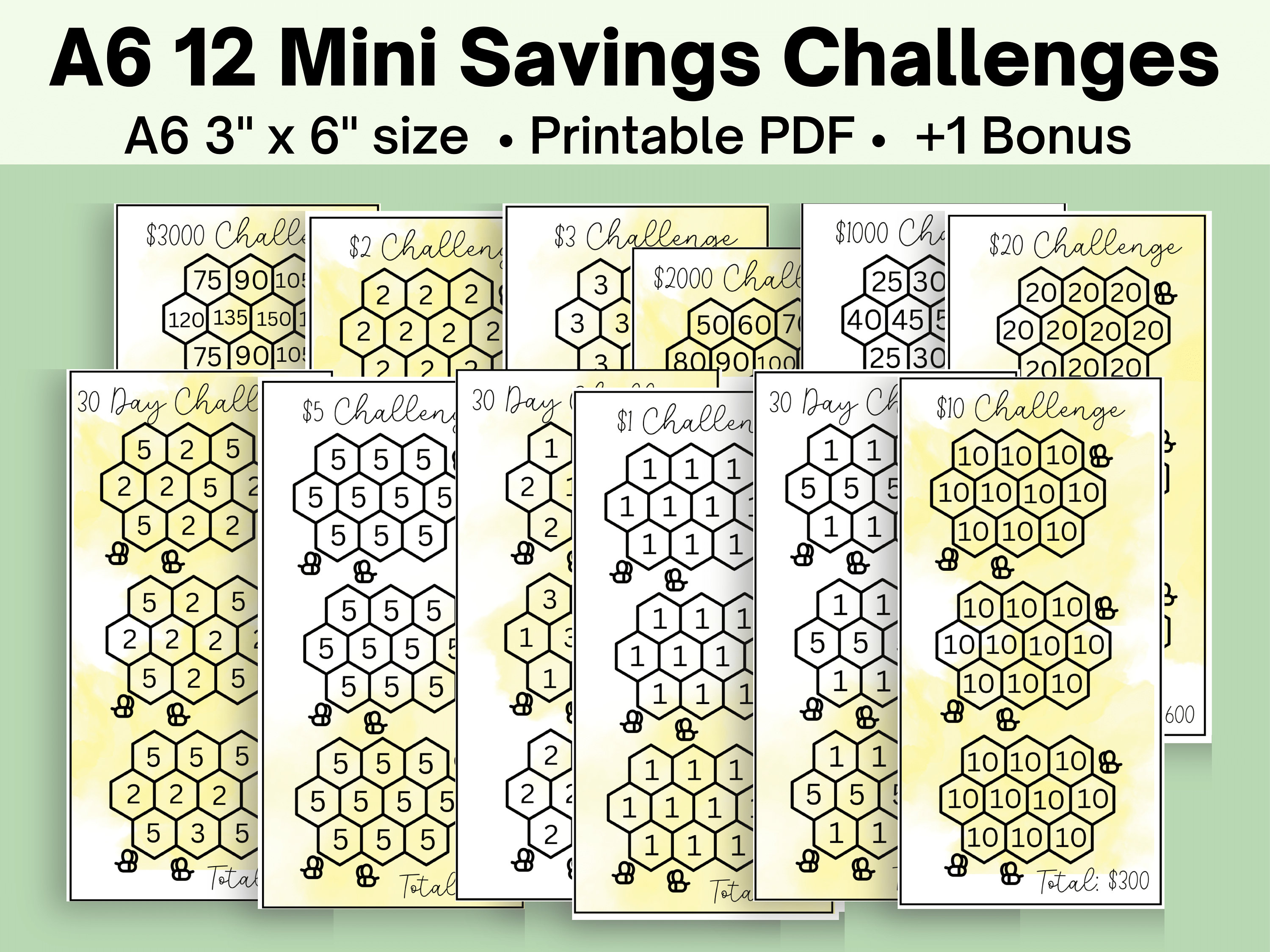 Bee Theme Mini Savings Challenge Bundle Saving Tracker Set of 12 1000 ...