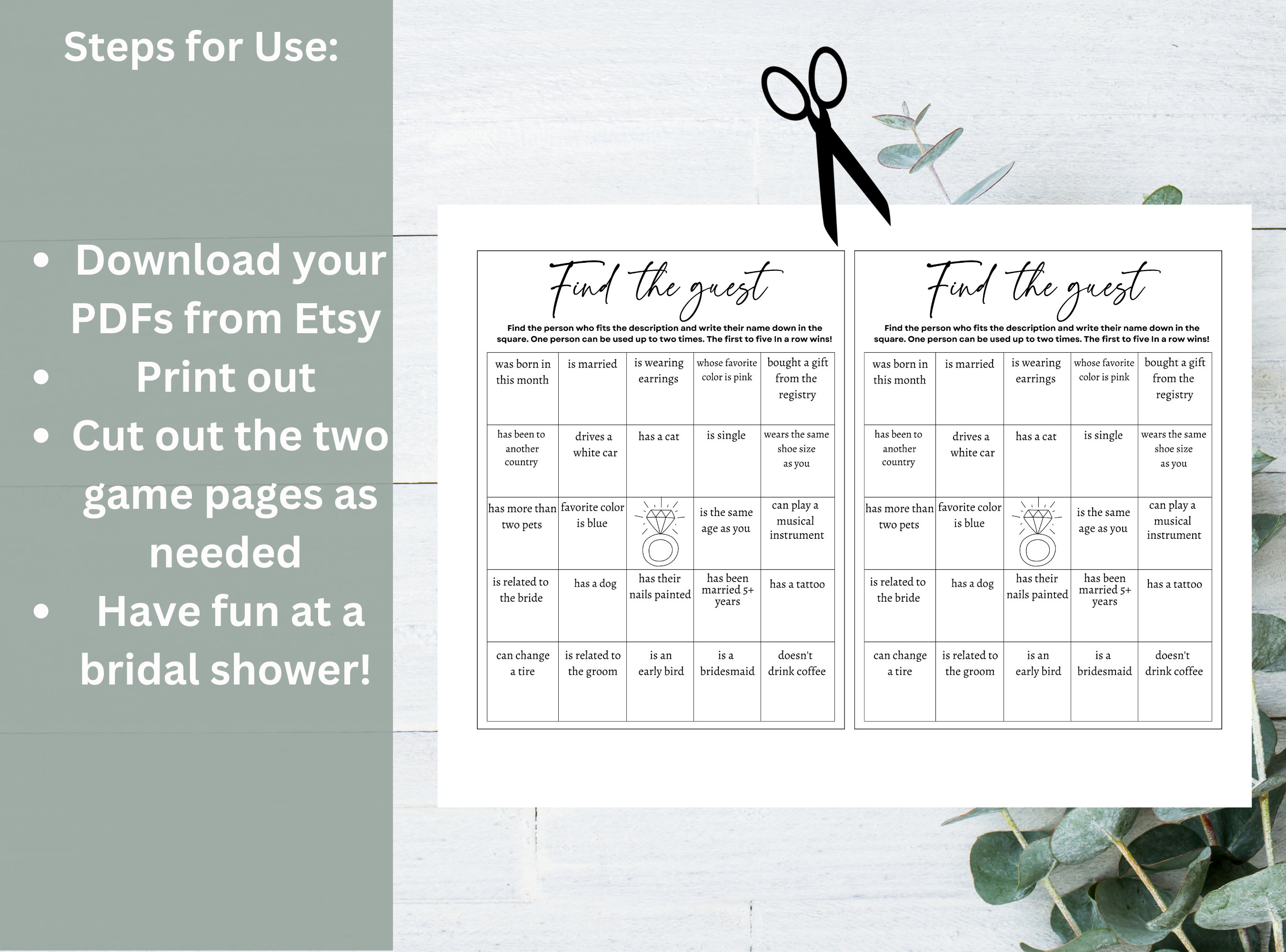 Bridal Shower Bingo, Find the Guest Bingo, Bridal Bingo, Wedding Bingo ...