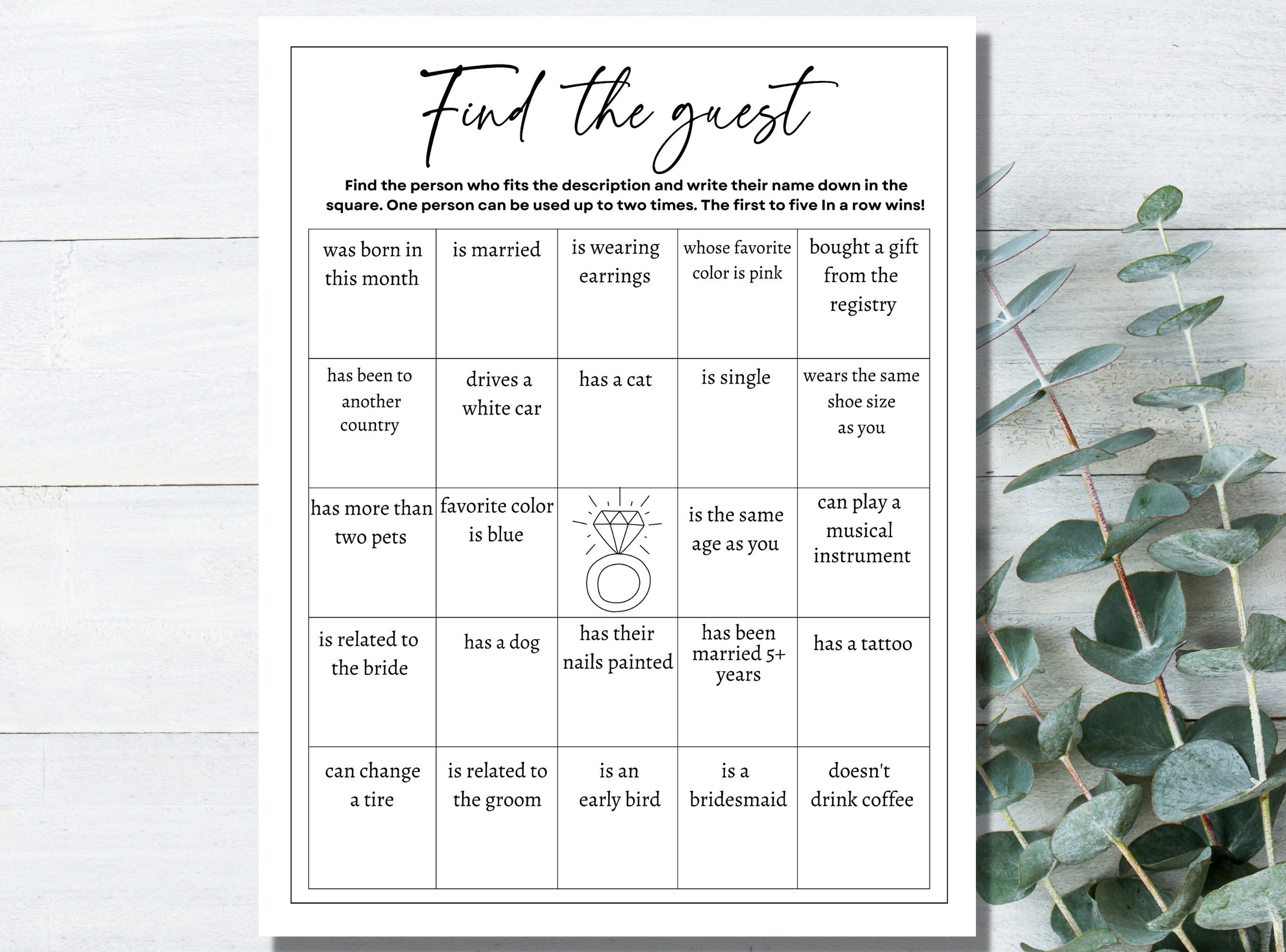 Bridal Shower Bingo, Find the Guest Bingo, Bridal Bingo, Wedding Bingo ...