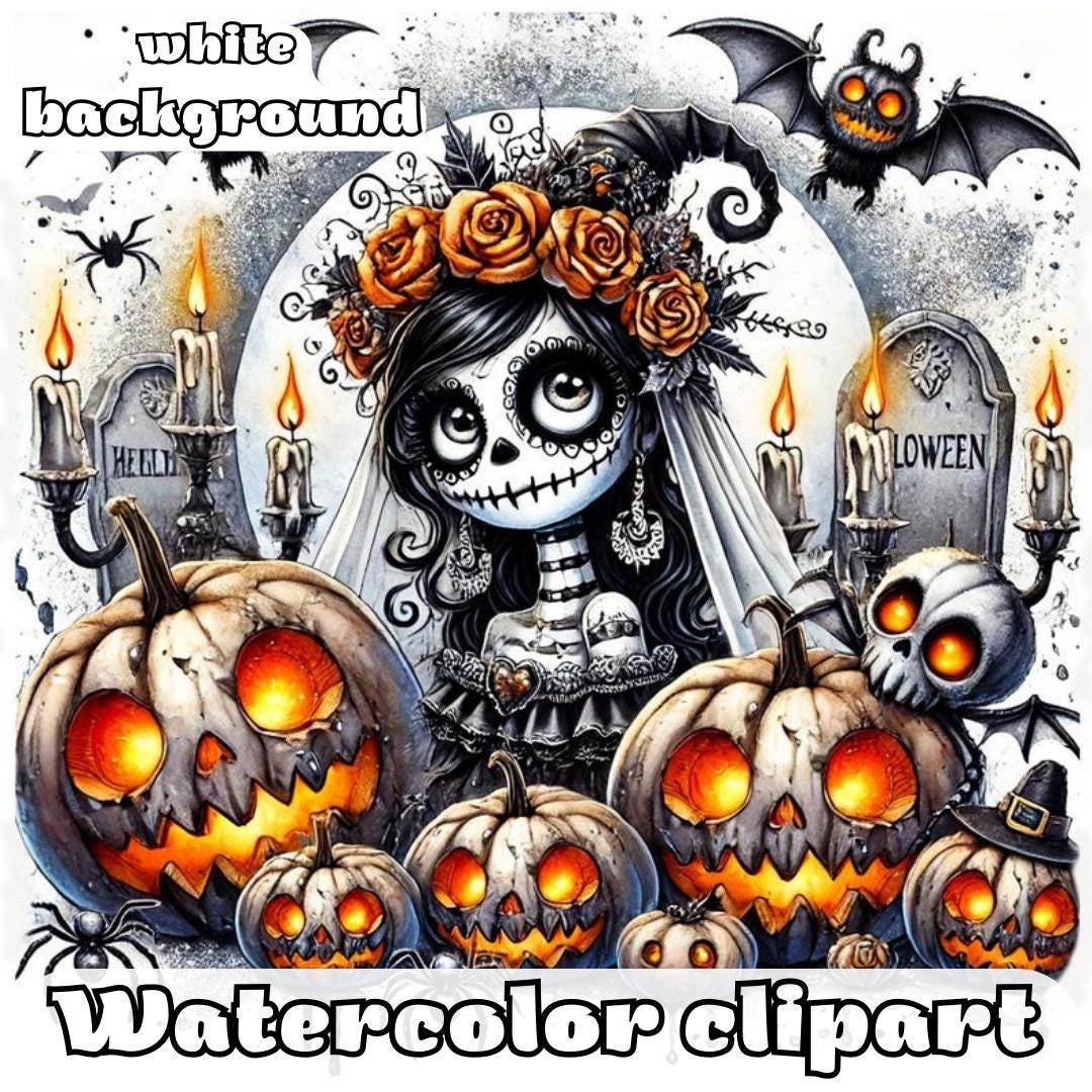 Halloween Watercolor Clipart Set Cute Spooky Characters Pumpkin Cat ...