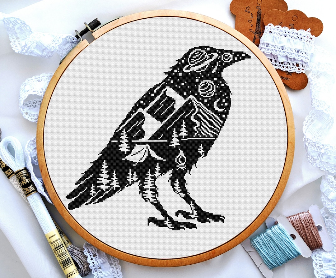 Black Raven Cross Stitch Pattern, Animals Cross Stitch, Silhouette Bird ...