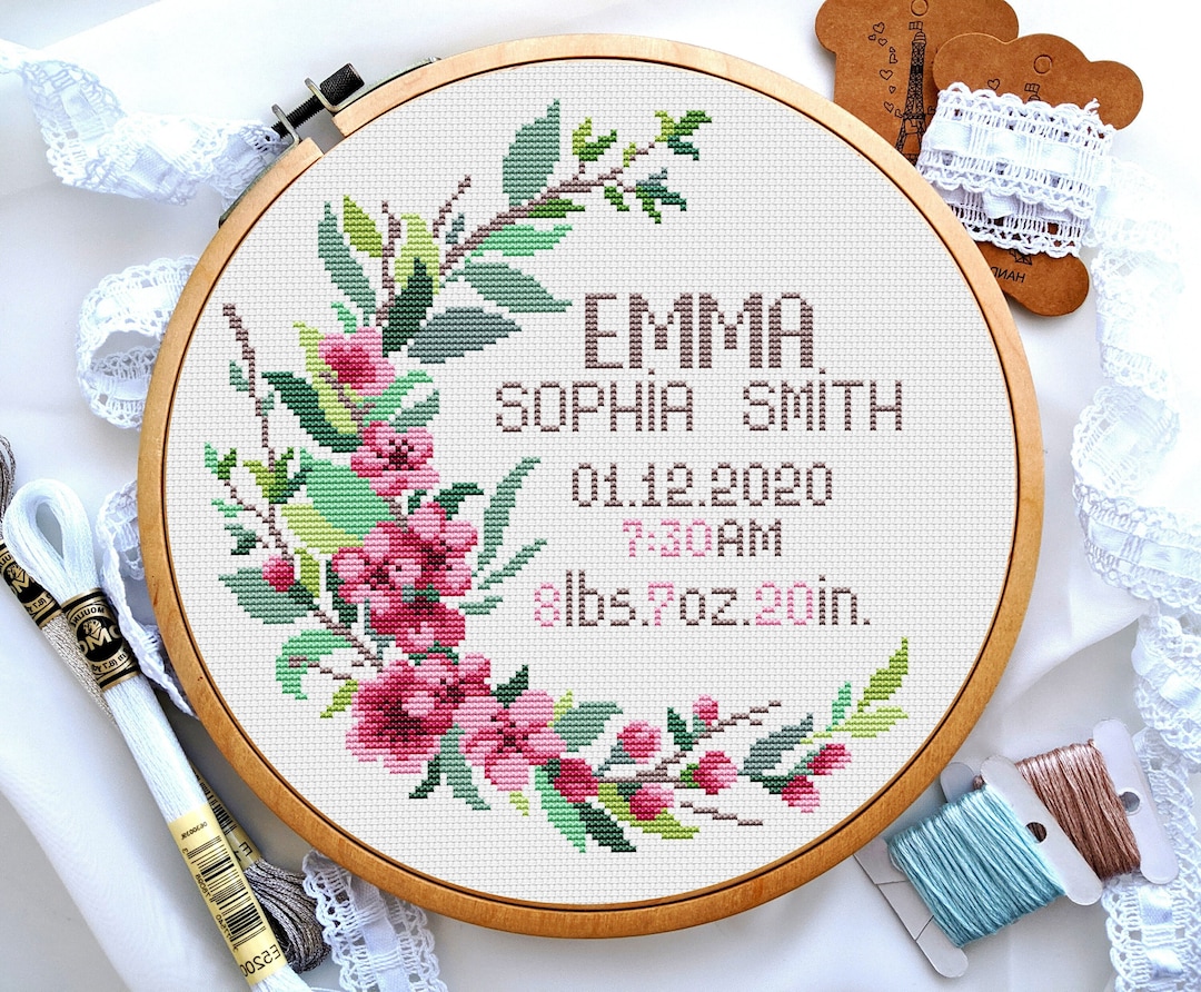 Birth Announcement Cross Stitch, Flower Wreath Cross Stitch, New Baby ...