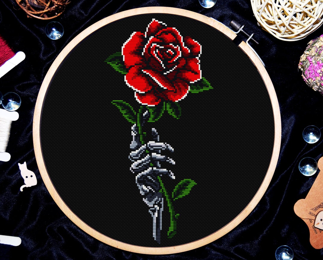 Gothic Cross Stitch, Skeleton Hand With Red Rose, Cross Stitch Flowers ...