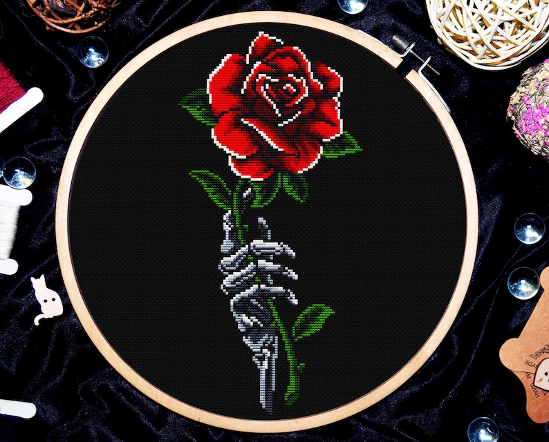Gothic Cross Stitch Skeleton Hand With Red Rose Cross Stitch - Etsy