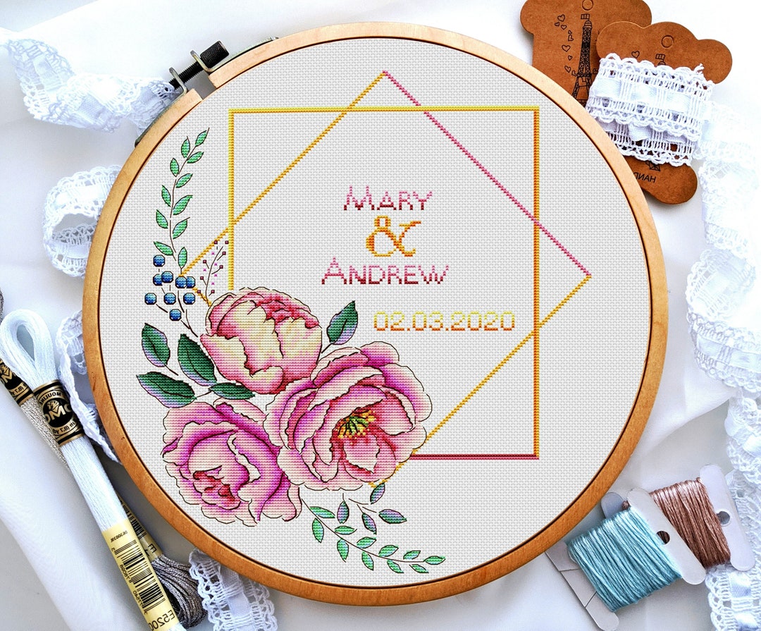 Wedding Cross Stitch, Flower Wreath Cross Stitch, Love Cross Stitch ...
