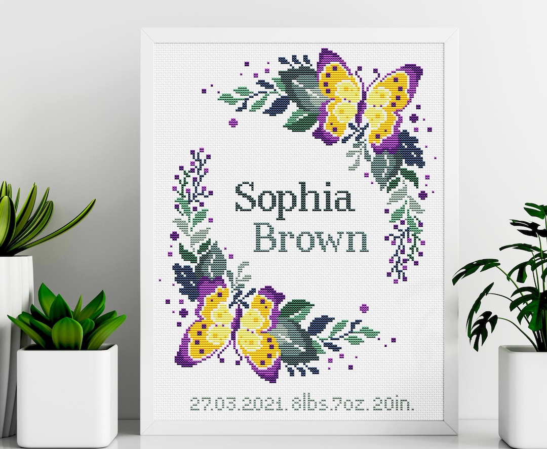 Birth Announcement Cross Stitch, Butterfly Cross Stitch Pattern, Flower ...