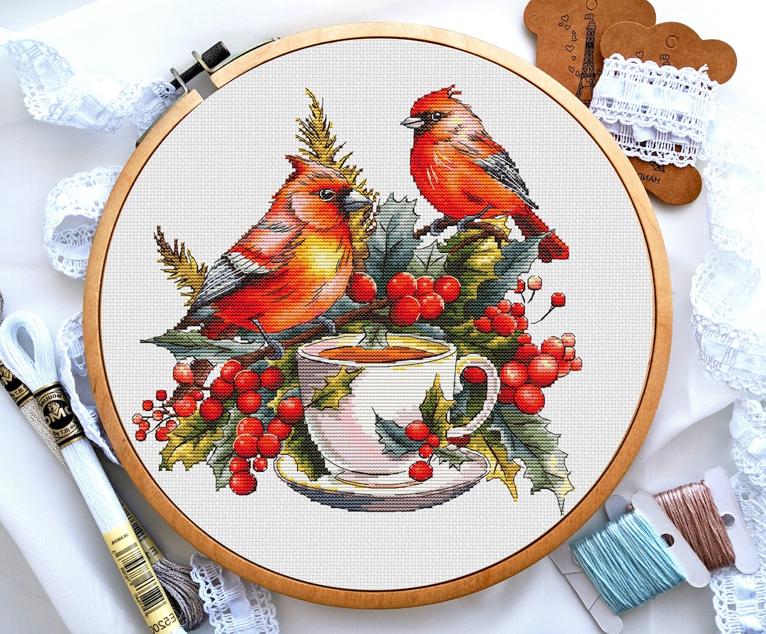 Christmas Cardinal Cross Stitch, Birds Cross Stitch, Christmas Cross ...
