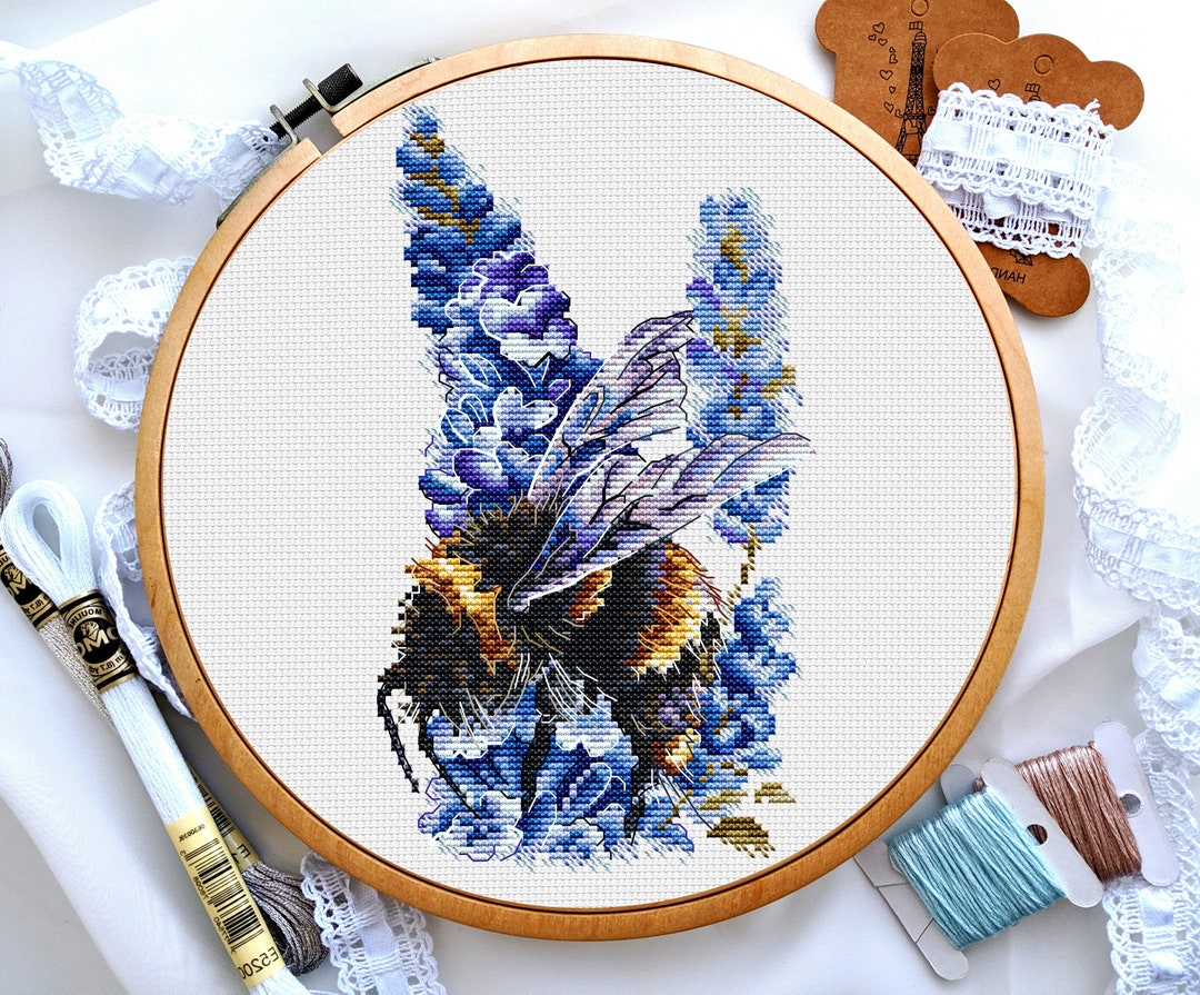 Bee Cross Stitch Pattern With Blue Flowers Realistic Insect Embroidery ...