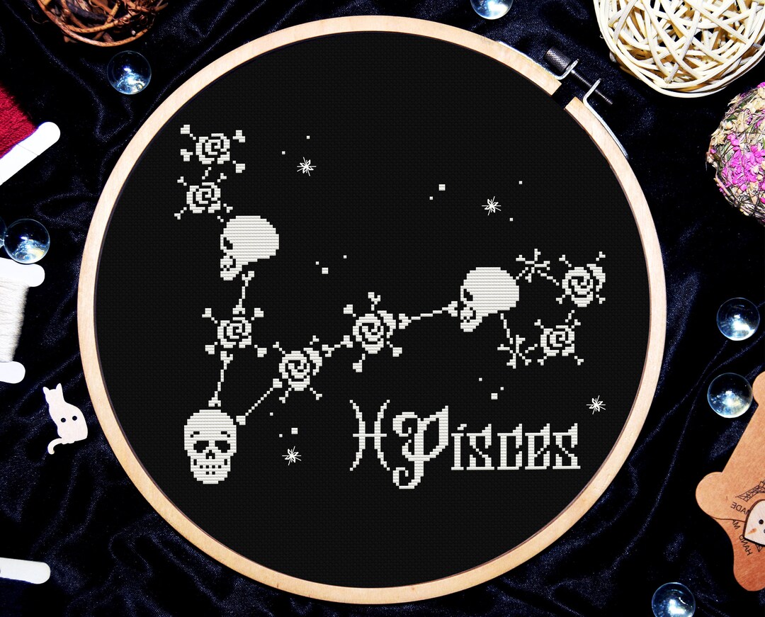 Pisces Zodiac Sign Cross Stitch, Gothic Cross Stitch Pattern, Skull ...