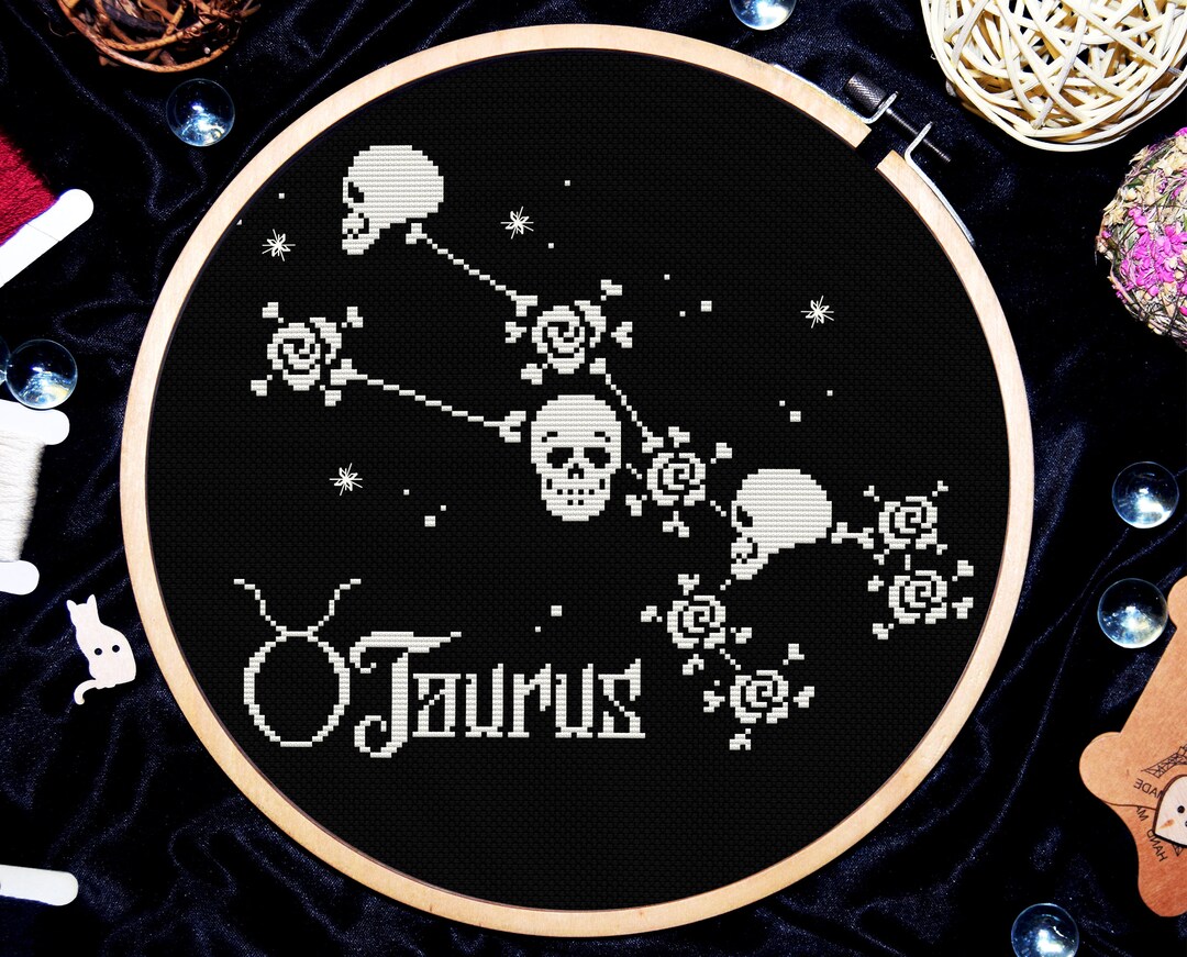 Taurus Zodiac Sign Cross Stitch, Gothic Cross Stitch Pattern, Skull ...