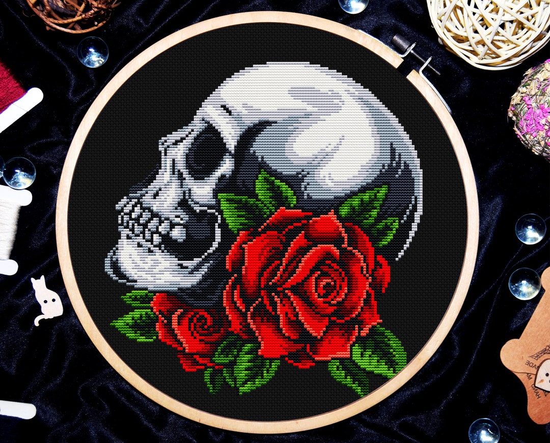 Gothic Cross Stitch, Skull With Roses Cross Stitch Pattern, Occult ...