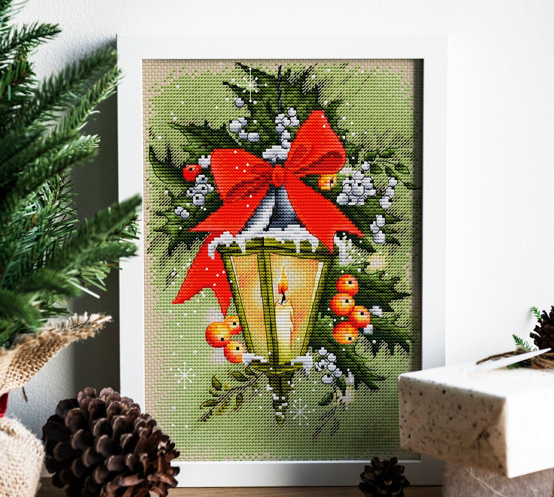 Christmas Lantern Cross Stitch Pattern, Holly and Mistletoe Cross ...