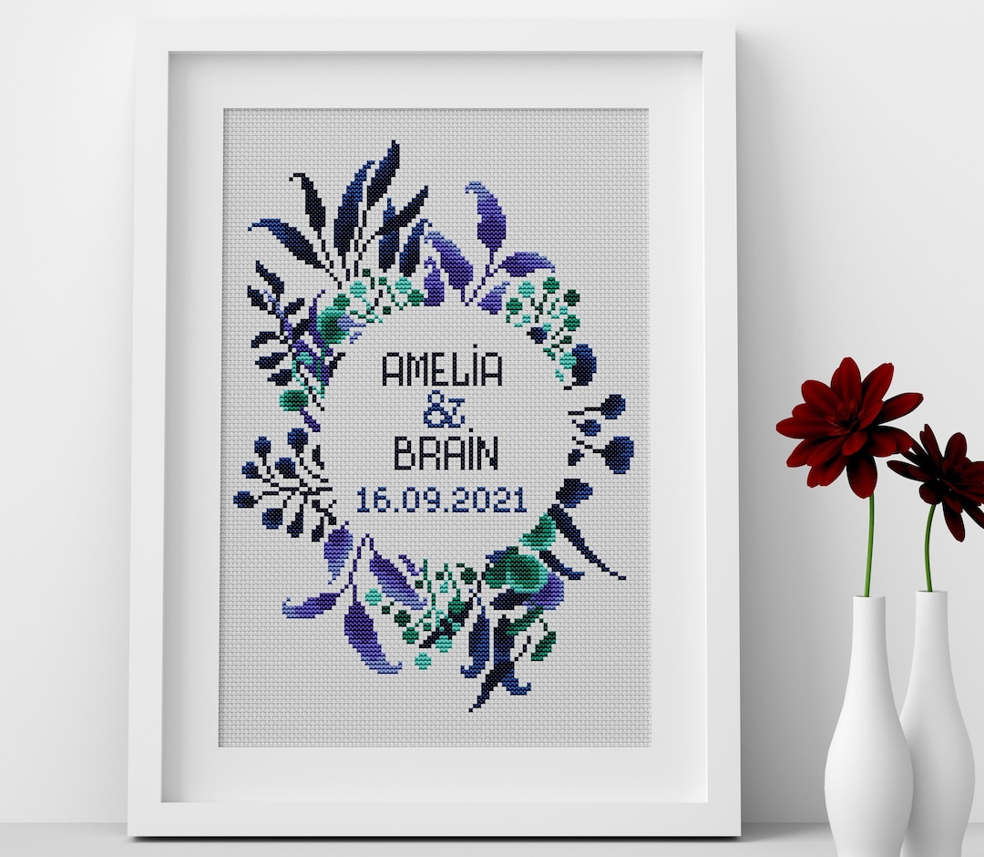 Wedding Cross Stitch, Green Wreath Cross Stitch, Personalized Custom ...