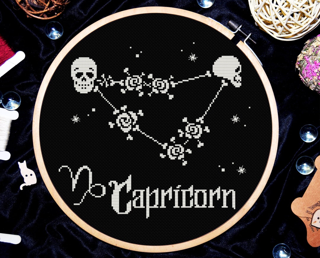 Capricorn Zodiac Sign Cross Stitch, Gothic Cross Stitch Pattern, Skull ...