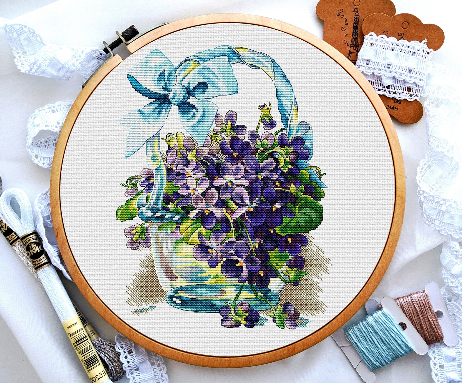 Violets Bouquet Cross Stitch, Violets Basket Cross Stitch, Flower ...