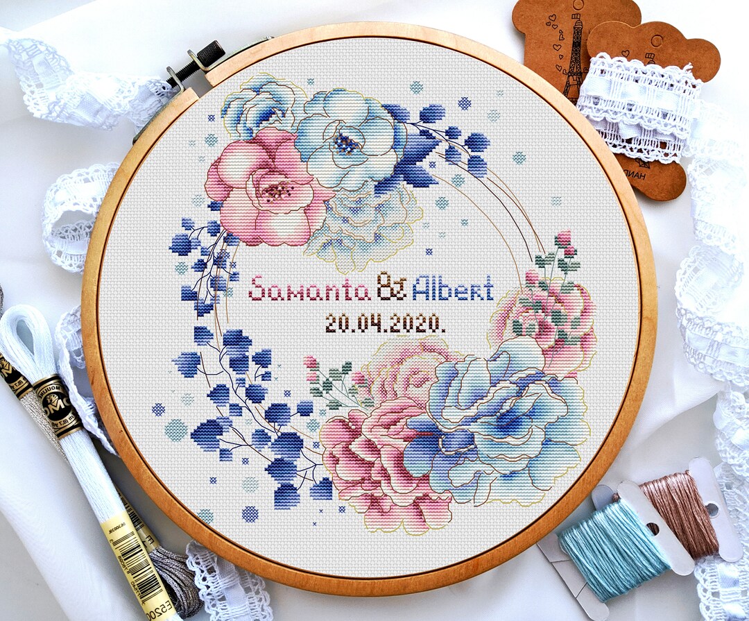 Wedding Cross Stitch, Flower Wreath Cross Stitch, Love Cross Stitch ...