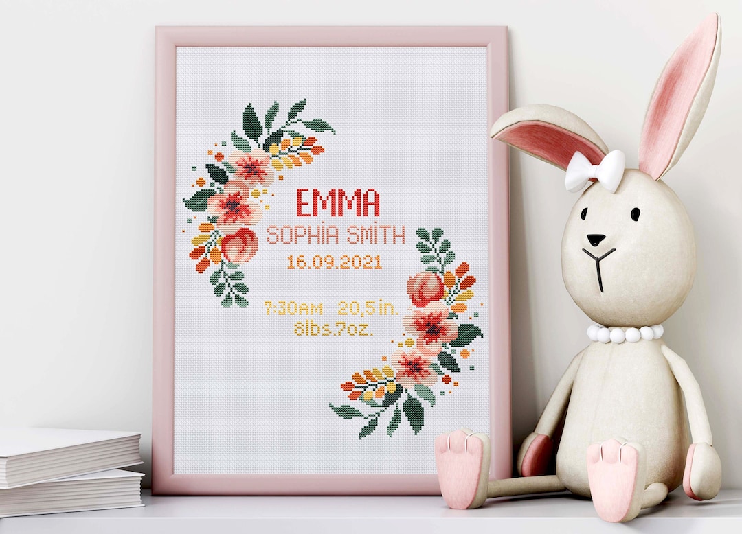 Birth Announcement Cross Stitch, Flower Wreath Cross Stitch, New Baby ...