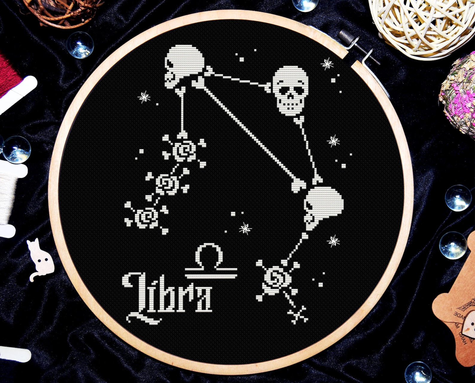 Libra Zodiac Sign Cross Stitch, Gothic Cross Stitch Pattern, Skull ...