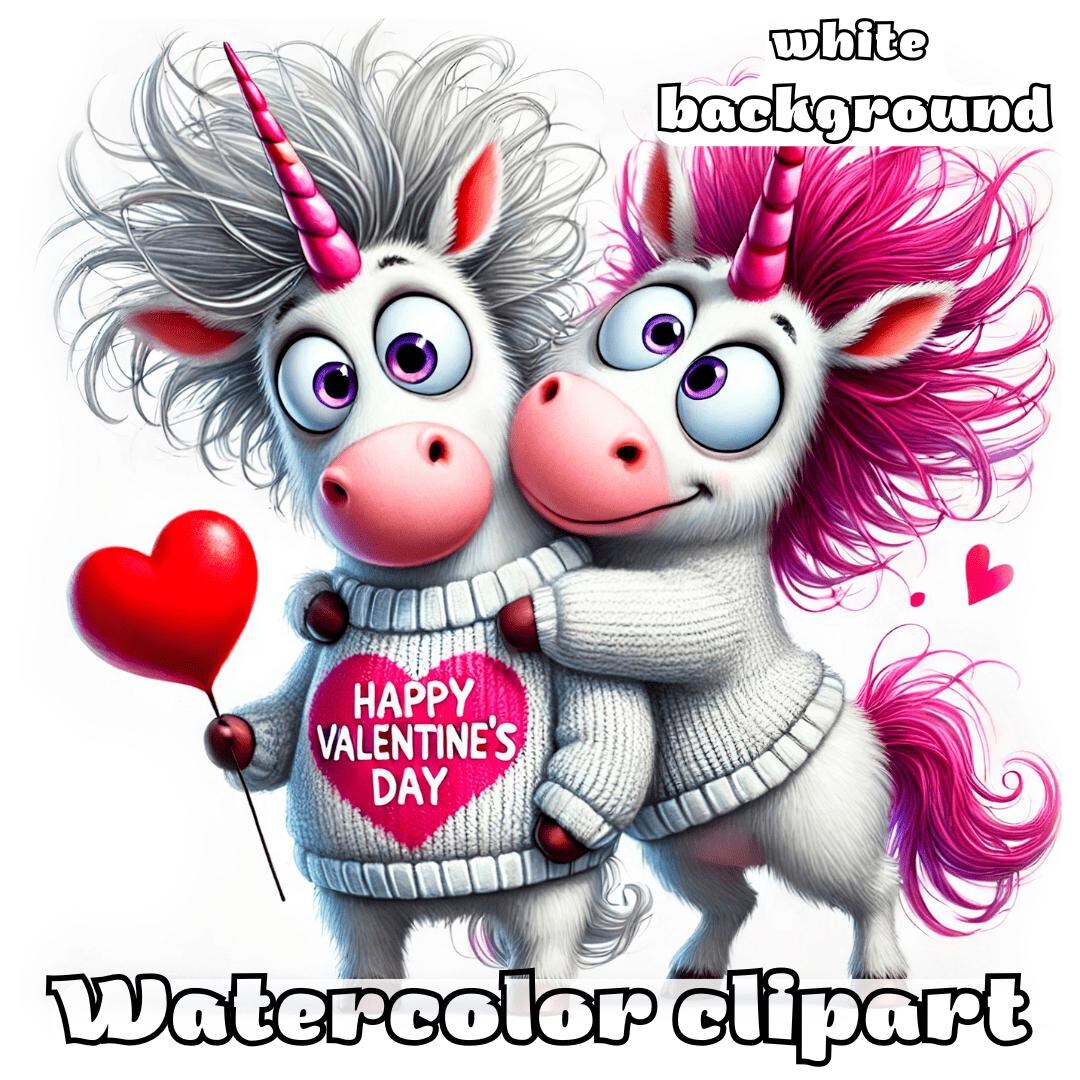 Valentine Unicorn Clipart Set 12 Images, Cute Unicorn Couple Watercolor ...